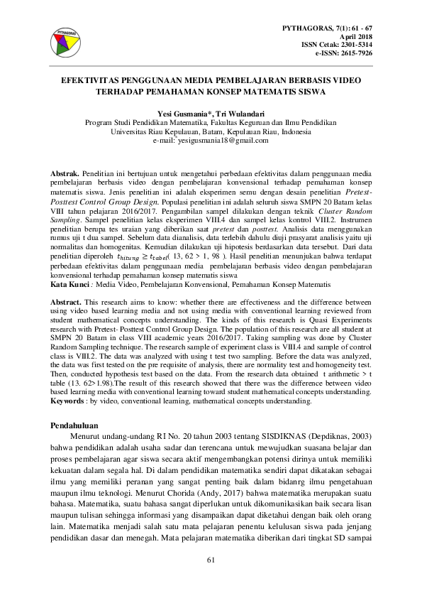 (PDF) Efektivitas Penggunaan Media Pembelajaran Berbasis Video Terhadap Pemahaman Konsep ...