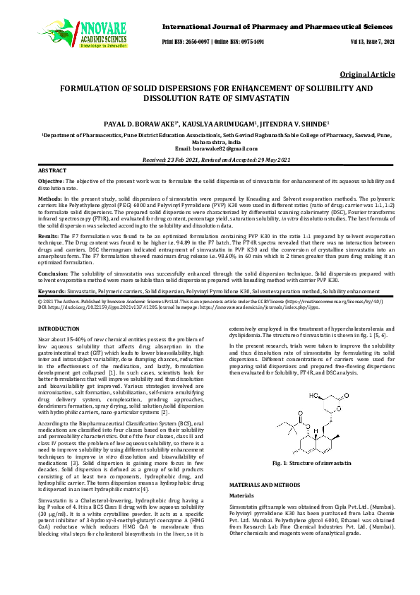 Pdf Formulation Of Solid Dispersions For Enhancement Of Solubility And Dissolution Rate Of