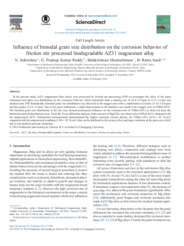 Pdf Influence Of Bimodal Grain Size Distribution On The Corrosion Behavior Of Friction Stir