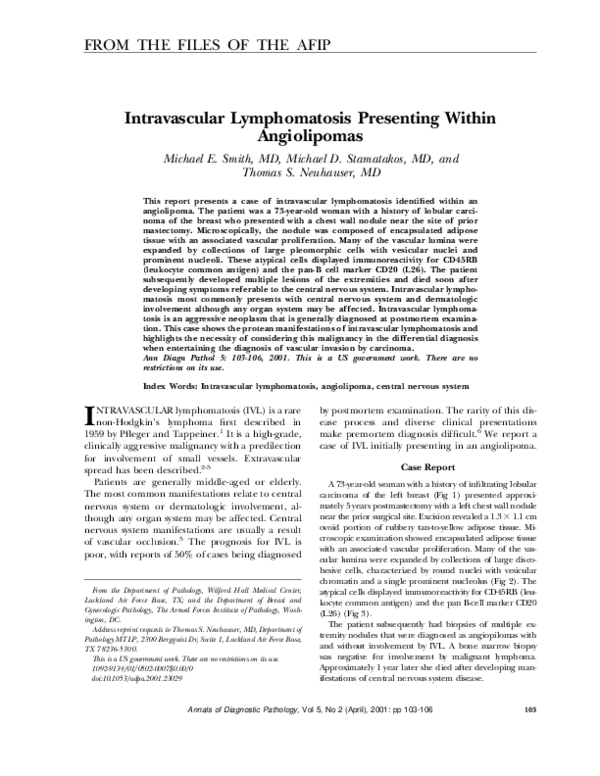 (PDF) Intravascular lymphomatosis presenting within angiolipomas