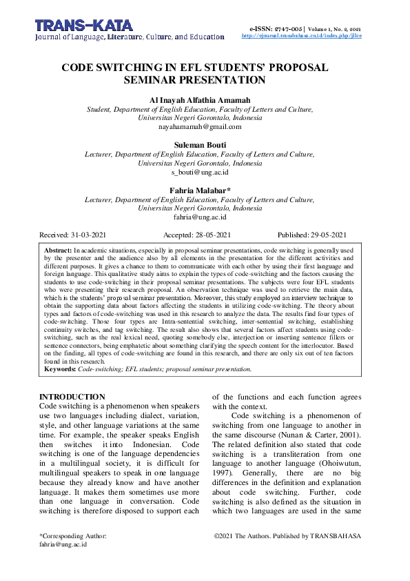 (PDF) Code Switching In EFL Students’ Proposal Seminar Presentation