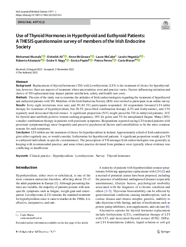 (PDF) Use of Thyroid Hormones in Hypothyroid and Euthyroid Patients: A THESIS questionnaire ...