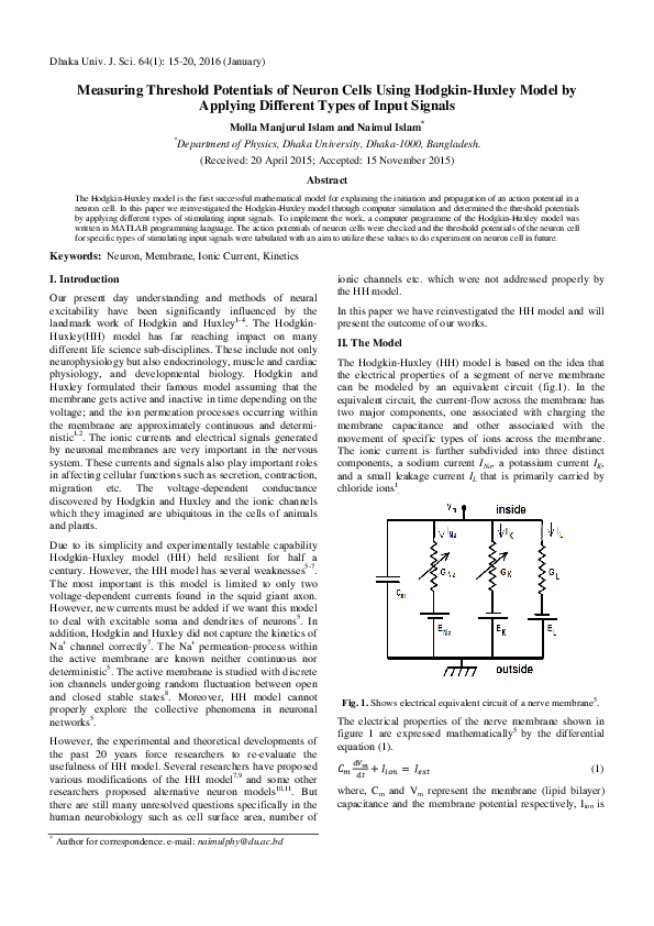 (PDF) Measuring Threshold Potentials of Neuron Cells Using Hodgkin-Huxley Model by Applying ...