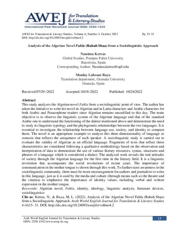(PDF) Analysis of the Algerian Novel Fahla (Rabah Sbaa) from a Sociolinguistic Approach