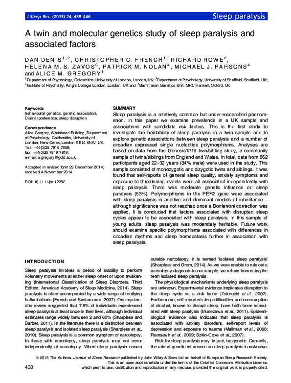 (PDF) A twin and molecular genetics study of sleep paralysis and ...