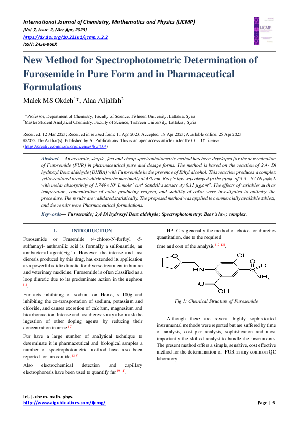 Pdf New Method For Spectrophotometric Determination Of Furosemide In Pure Form And In