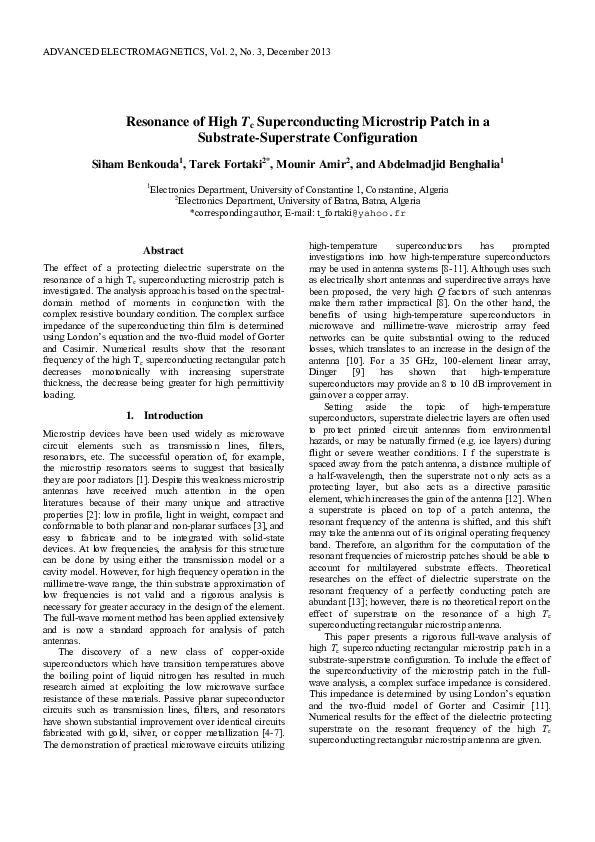 Pdf Resonance Of High Tc Superconducting Microstrip Patch In A Substrate Superstrate Configuration