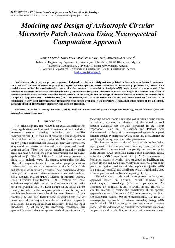 (PDF) Modeling and Design of Anisotropic Circular Microstrip Patch Antenna Using Neurospectral ...