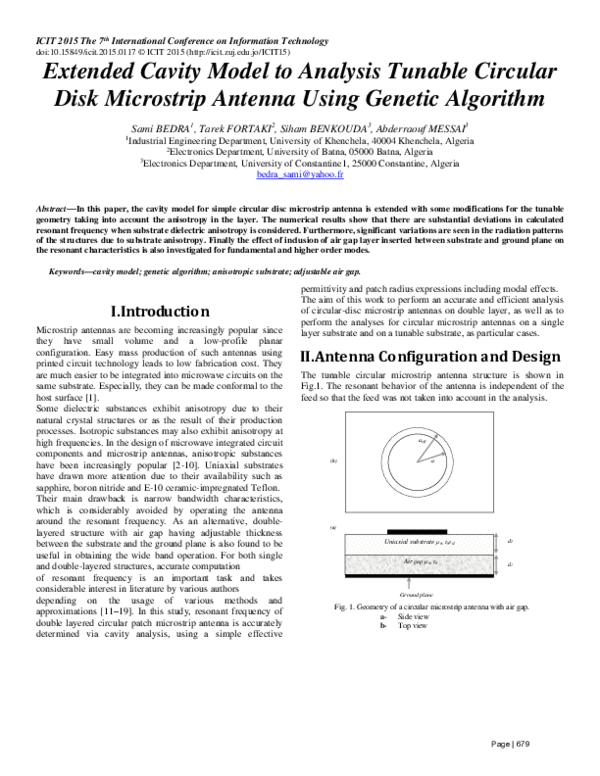 (PDF) Extended Cavity Model to Analysis Tunable Circular Disk Microstrip Antenna Using Genetic ...