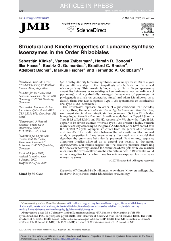 (PDF) Structural and Kinetic Properties of Lumazine Synthase Isoenzymes ...