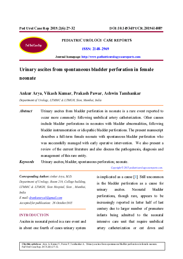 (PDF) Urinary ascites from spontaneous bladder perforation in female ...