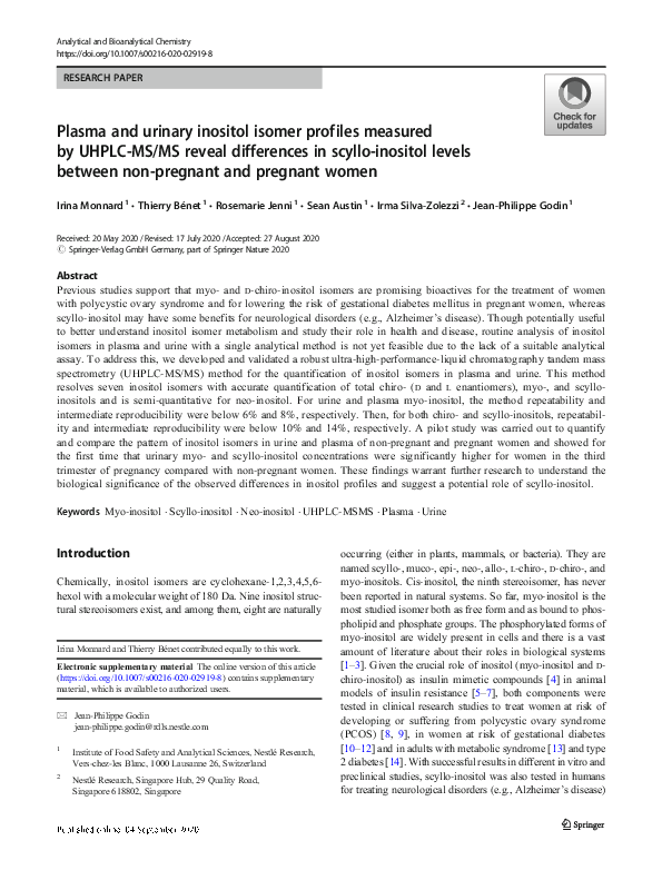 (PDF) Plasma and urinary inositol isomer profiles measured by UHPLC-MS/MS reveal differences in ...