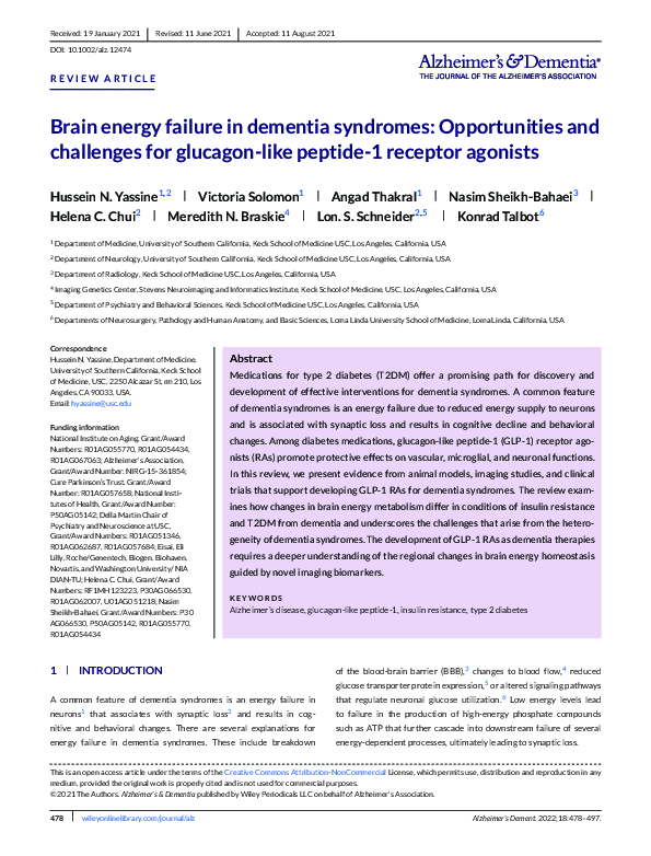 (PDF) Brain energy failure in dementia syndromes: Opportunities and challenges for glucagon‐like ...