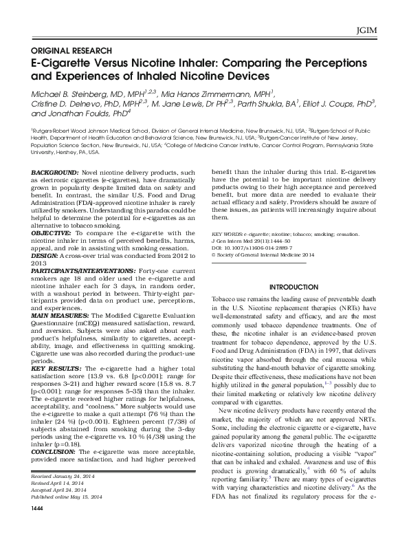 (PDF) E-Cigarette Versus Nicotine Inhaler: Comparing the Perceptions ...