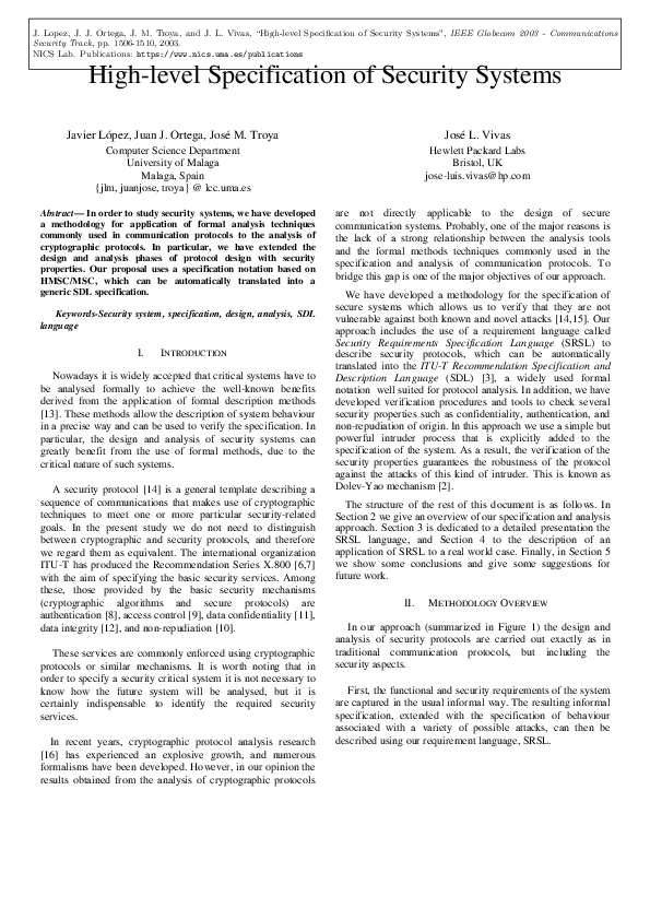 (PDF) High-level specification of security systems