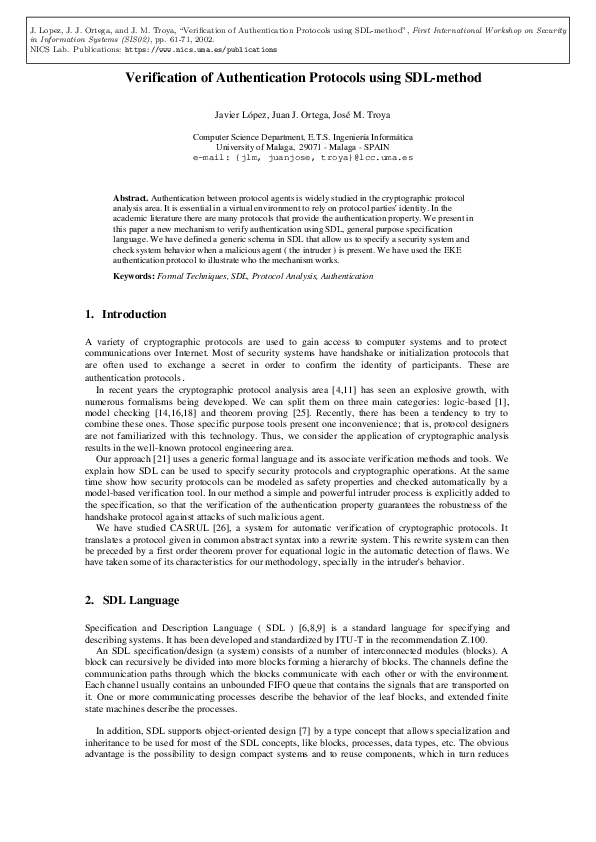Pdf Verification Of Authentication Protocols Using Sdl Method