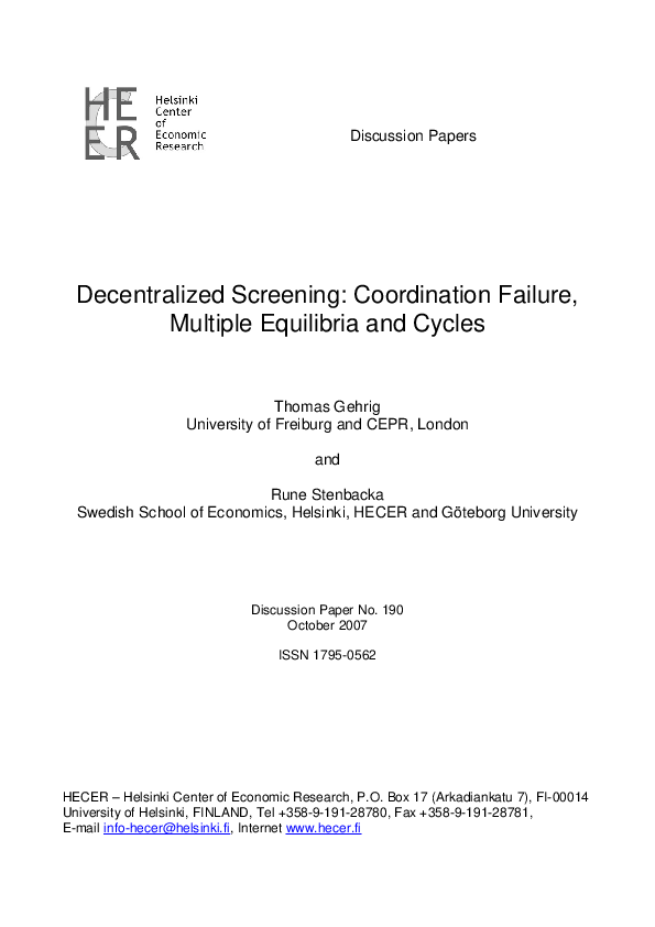 (PDF) Decentralized screening: Coordination failure, multiple equilibria and cycles