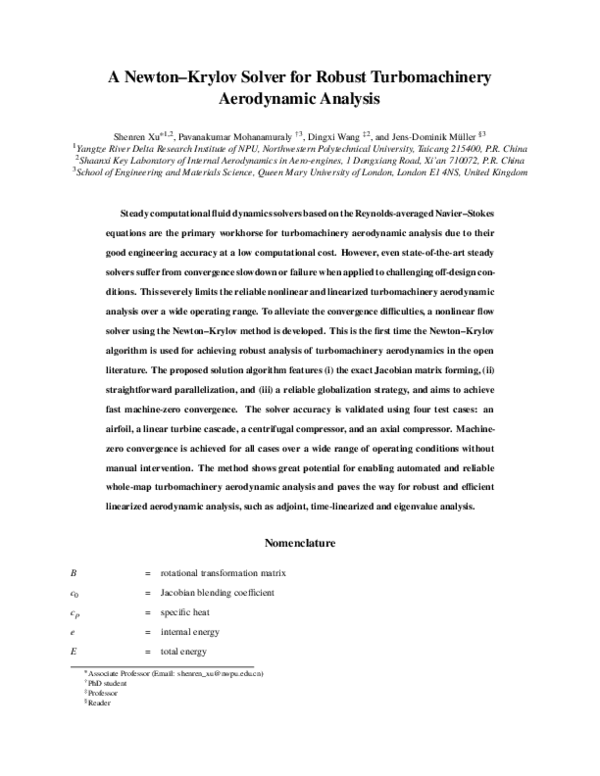 Pdf Newtonkrylov Solver For Robust Turbomachinery Aerodynamic Analysis Dingxi Wang 