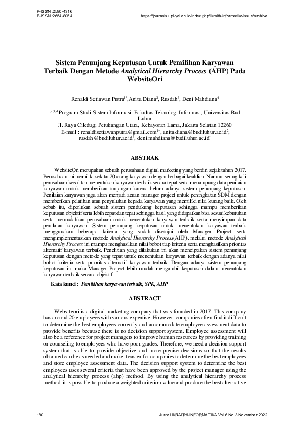 (PDF) Sistem Penunjang Keputusan Untuk Pemilihan Karyawan Terbaik Dengan Metode Analytical ...