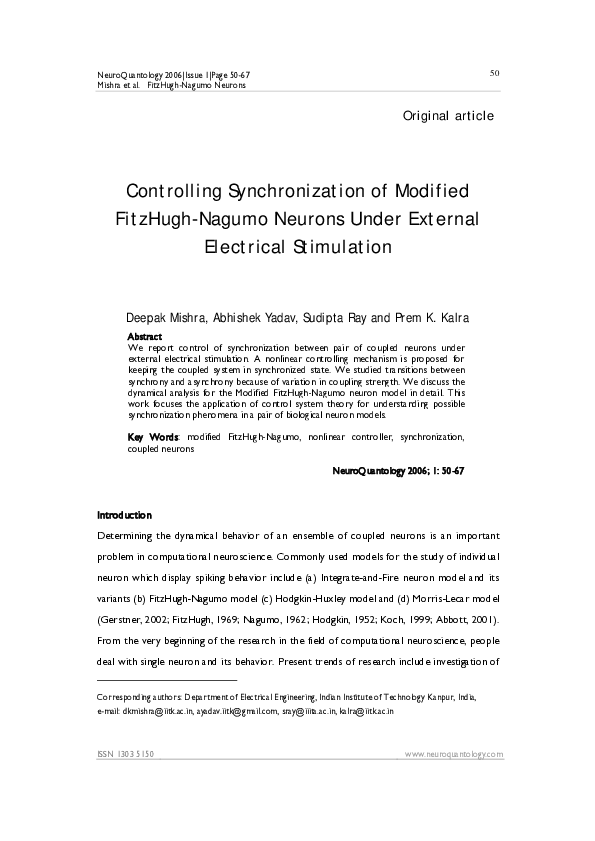 Pdf Controlling Synchronization Of Modified Fitzhugh Nagumo Neurons