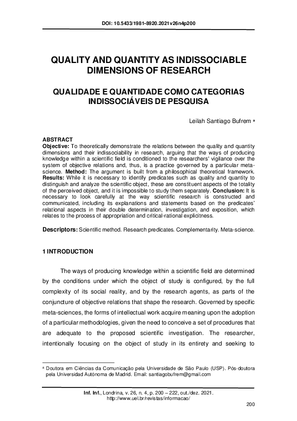 (PDF) Quality and quantity as indissociable dimensions of research