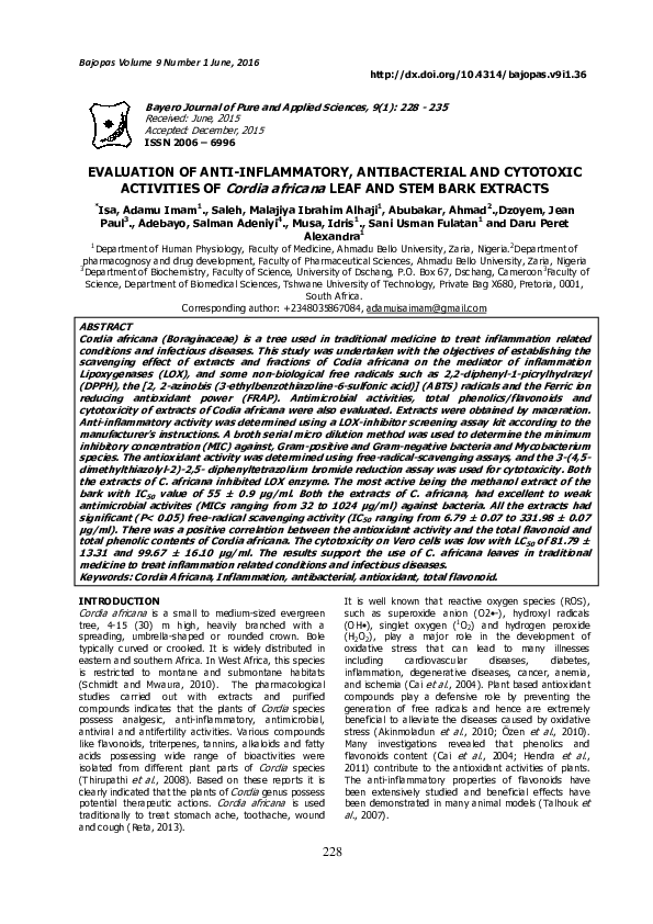 (PDF) Evaluation of anti-inflammatory, antibacterial and cytotoxic activities of Cordia africana ...