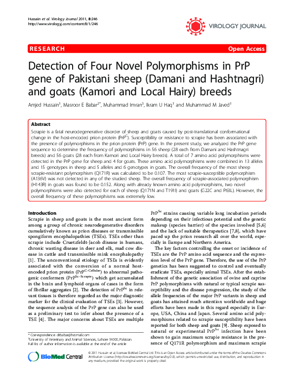 (PDF) Detection of Four Novel Polymorphisms in PrP gene of Pakistani ...