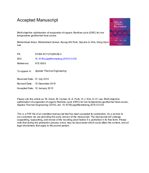 Pdf Multi Objective Optimization Of Evaporator Of Organic Rankine Cycle Orc For Low