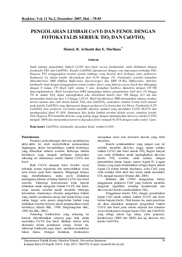 (PDF) PENGOLAHAN LIMBAH Cr(VI) DAN FENOL DENGAN FOTOKATALIS SERBUK TiO2 ...