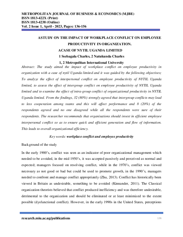 (PDF) ASTUDY ON THE IMPACT OF WORKPLACE CONFLICT ON EMPLOYEE ...