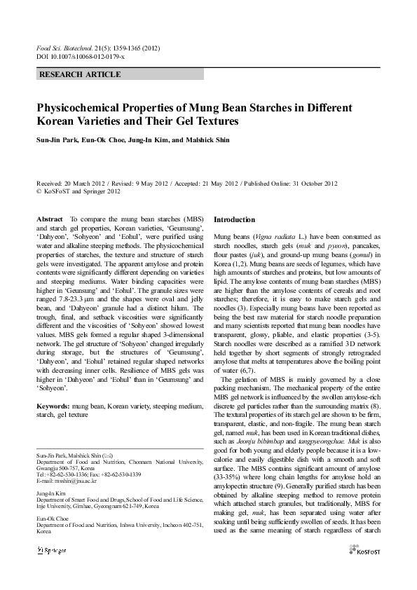 (PDF) Physicochemical properties of mung bean starches in different Korean varieties and their ...