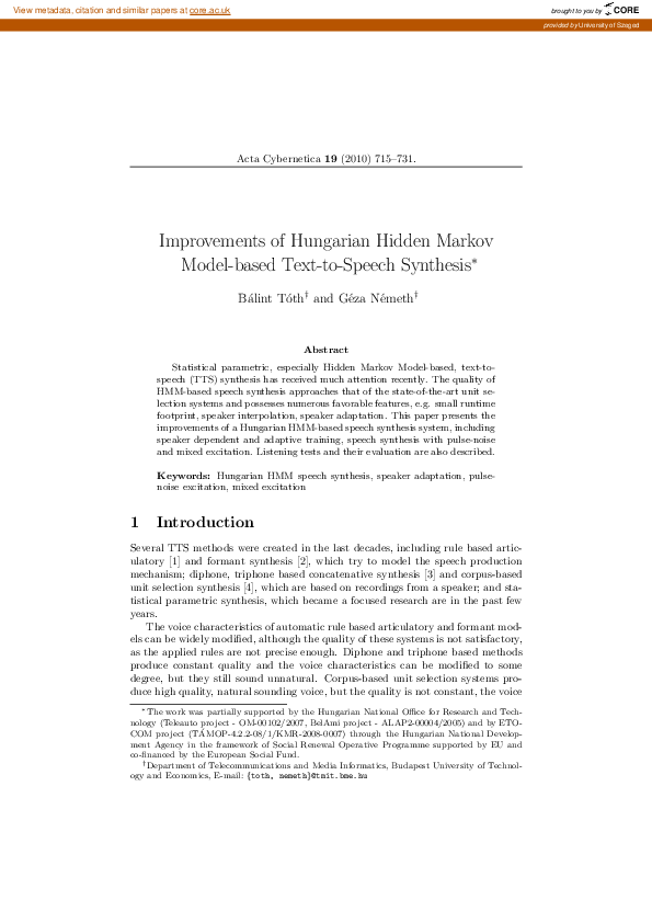 (PDF) Improvements of Hungarian hidden Markov model-based text-to ...