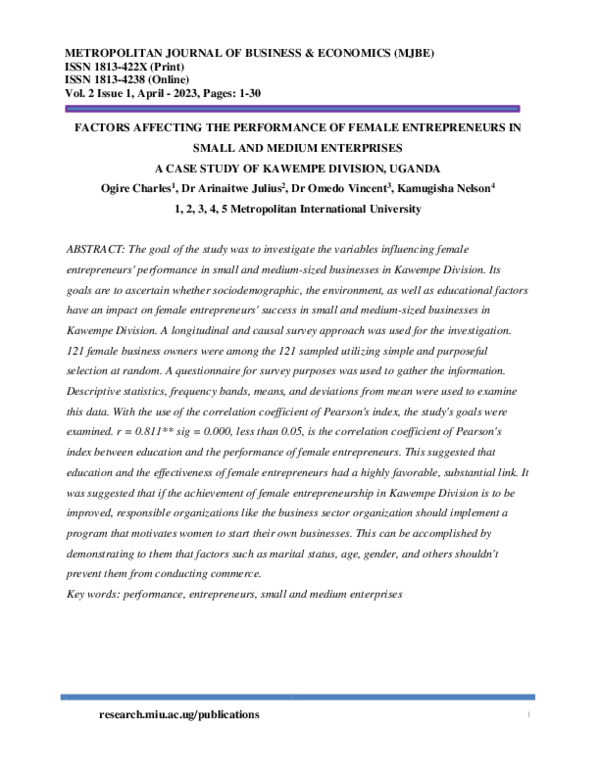 (PDF) FACTORS AFFECTING THE PERFORMANCE OF FEMALE ENTREPRENEURS IN SMALL AND MEDIUM ENTERPRISES ...