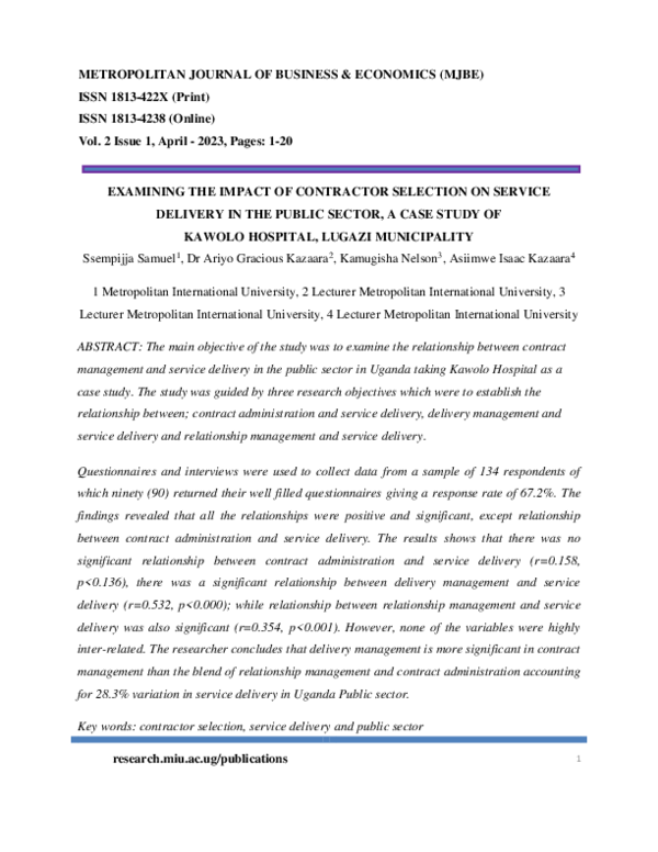 (PDF) EXAMINING THE IMPACT OF CONTRACTOR SELECTION ON SERVICE DELIVERY ...