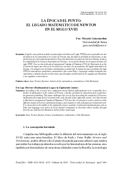(PDF) Dot-age: Newton's Mathematical Legacy in the Eighteenth Century
