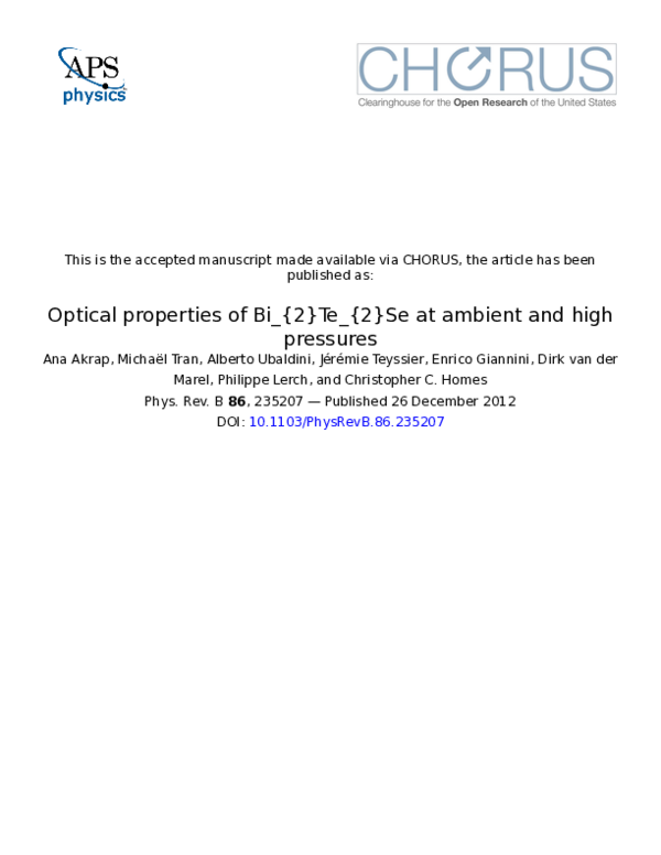 (PDF) Optical properties of Bi2Te2Se at ambient and high pressures