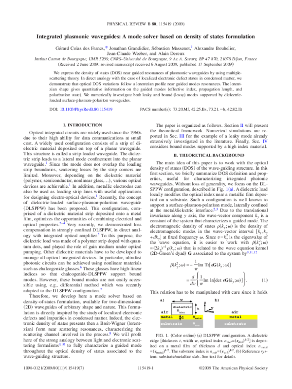 Pdf Integrated Plasmonic Waveguides A Mode Solver Based On Density Of States Formulation