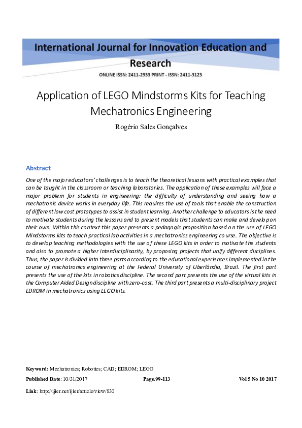 (PDF) Application of LEGO Mindstorms Kits for Teaching Mechatronics ...