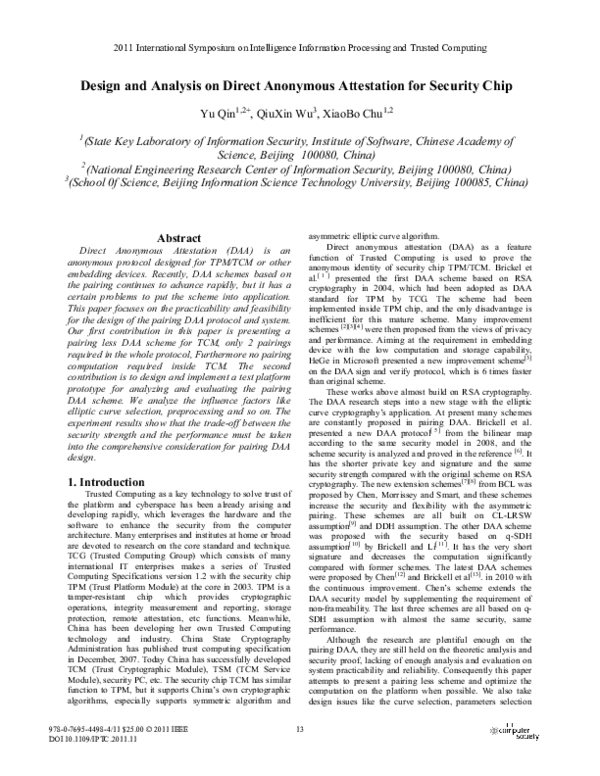 (PDF) Design and Analysis on Direct Anonymous Attestation for Security Chip