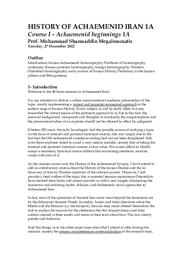 (PDF) History of Achaemenid Iran 1A, Course I - Achaemenid beginnings 1A