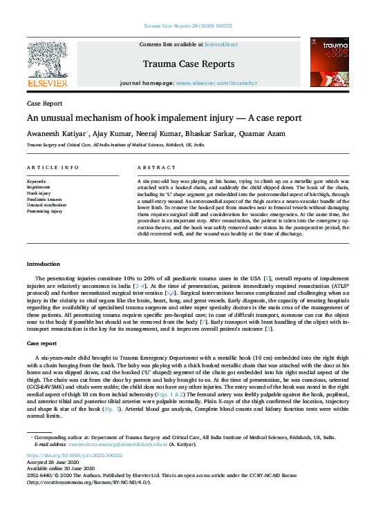 (PDF) An unusual mechanism of hook impalement injury — A case report