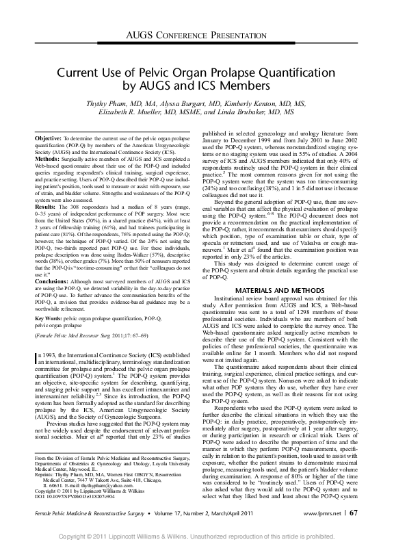 (PDF) Current Use of Pelvic Organ Prolapse Quantification by AUGS and ...