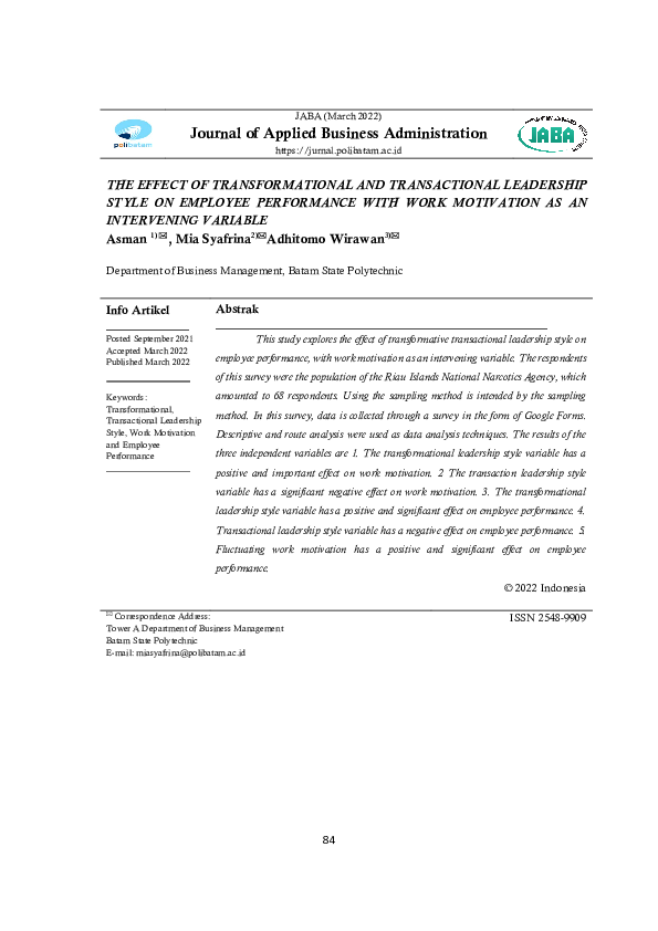 (PDF) The Effect of Transformational and Transactional Leadership Style on Employee Performance ...
