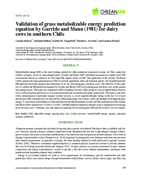 (PDF) Validation of grass metabolizable energy prediction equation by ...