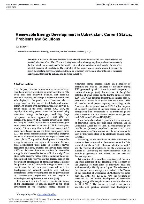 (PDF) Renewable energy development in Uzbekistan: current status ...