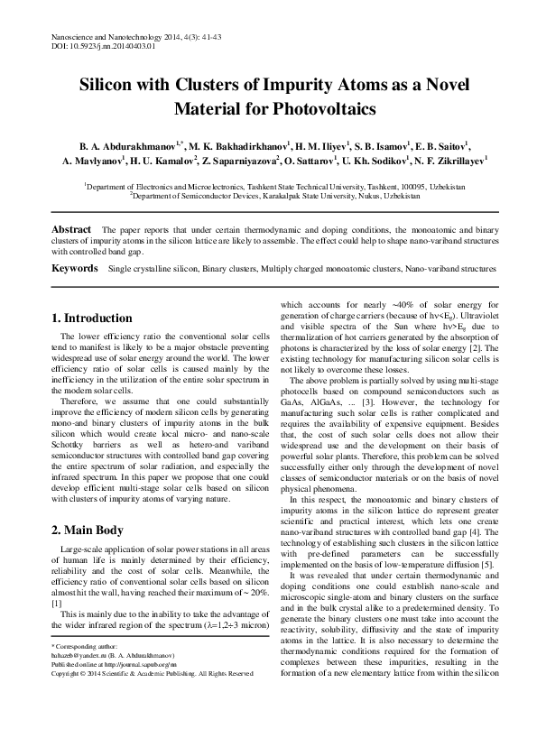 (PDF) Silicon with Clusters of Impurity Atoms as a Novel Material for ...