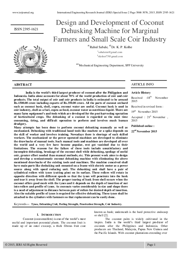 (PDF) Design and Development of Coconut Dehusking Machine for Marginal ...