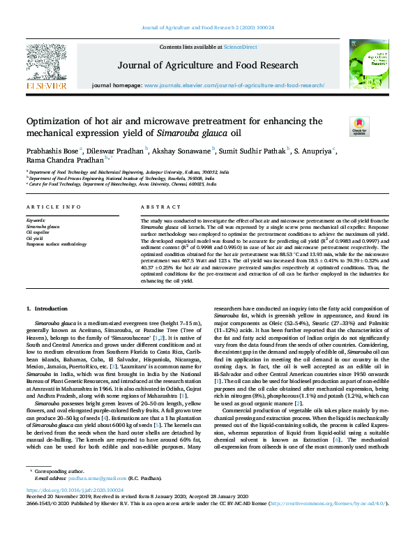 (PDF) Optimization of hot air and microwave pretreatment for enhancing the mechanical expression ...