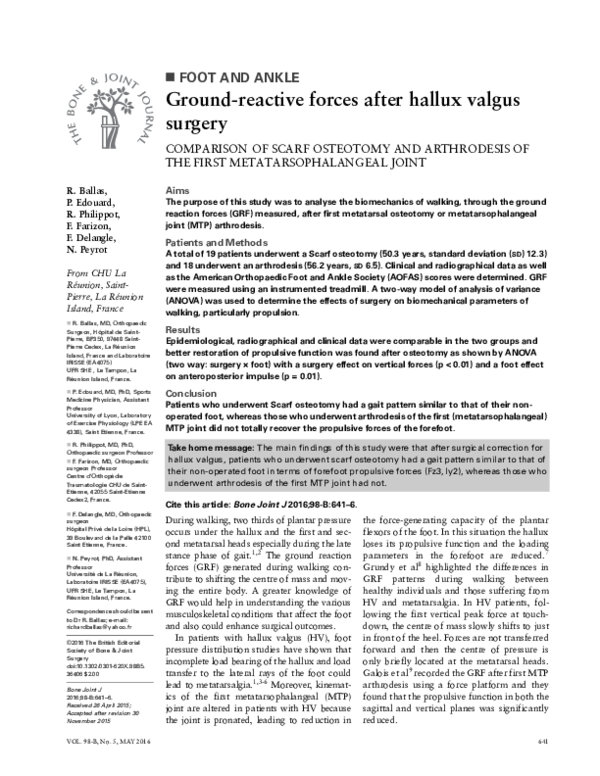 (PDF) Ground-reactive forces after hallux valgus surgery: comparison of ...