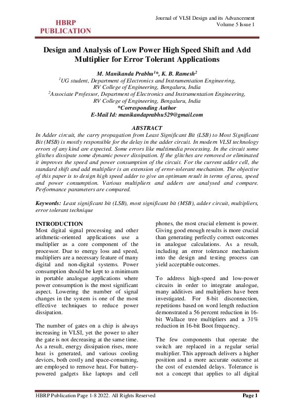 Pdf Design And Analysis Of Low Power High Speed Shift And Add Multiplier For Error Tolerant